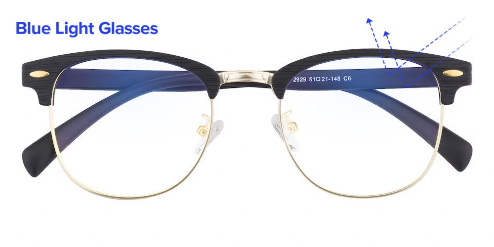 Ogden Oval,Browline Black/Golden Blue Light Glasses | GlassesShop