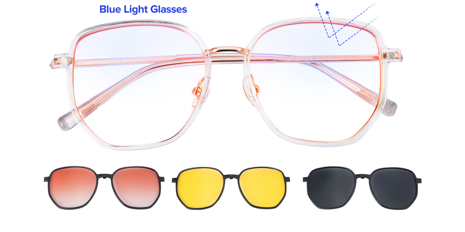 Jersey Polygon Clear Eyeglasses with 3-in-1 Clip-on Sunglasses ...